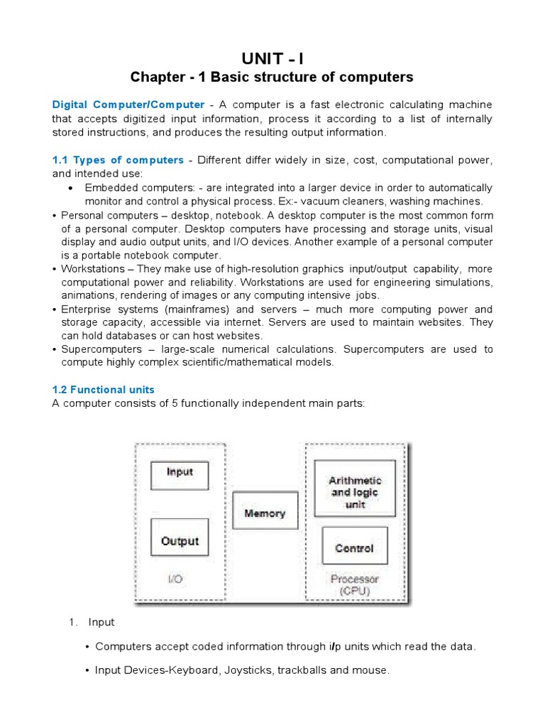 Unit - I: Chapter - 1 Basic Structure of Computers | PDF | Computer Data Storage | Central ...