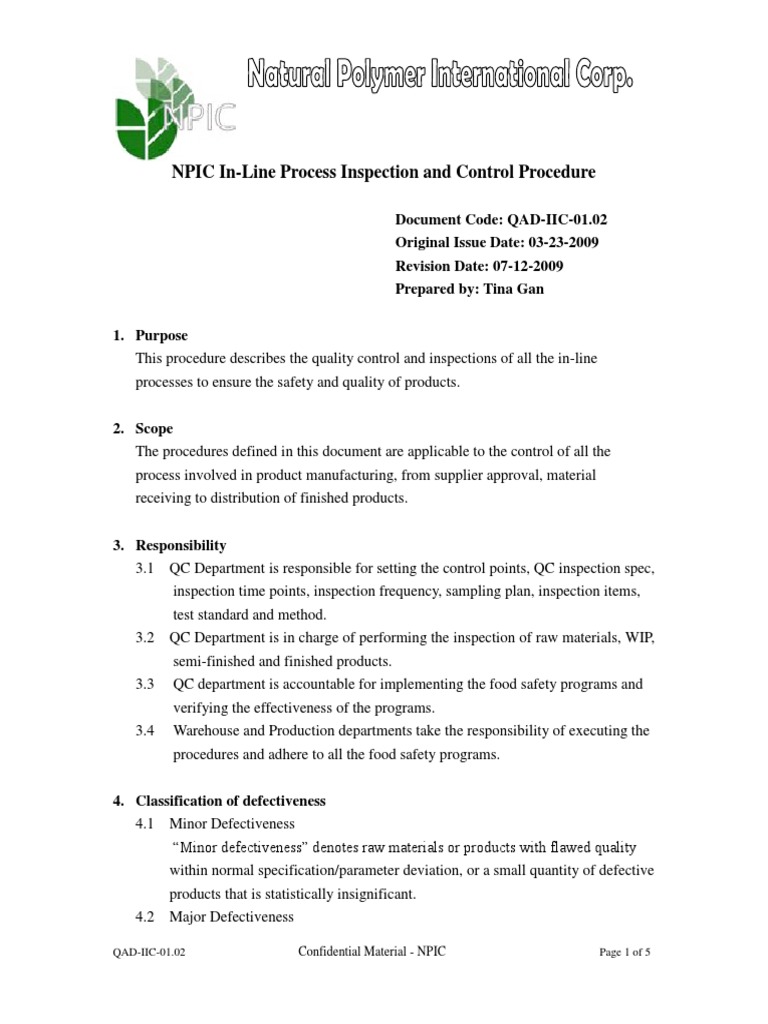 NPIC In-Line Process Inspection and Control Procedure | PDF ...