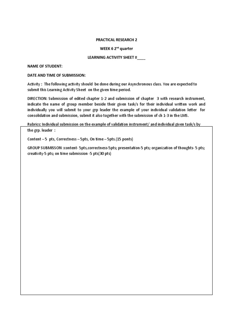 Practical Research 2 Week 6 2 Quarter Learning Activity Sheet # - Name ...