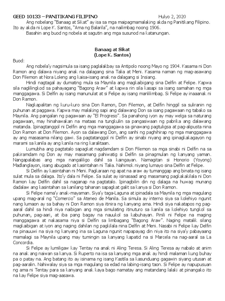 Panitikang Filipino - Banaag at Sikat | PDF