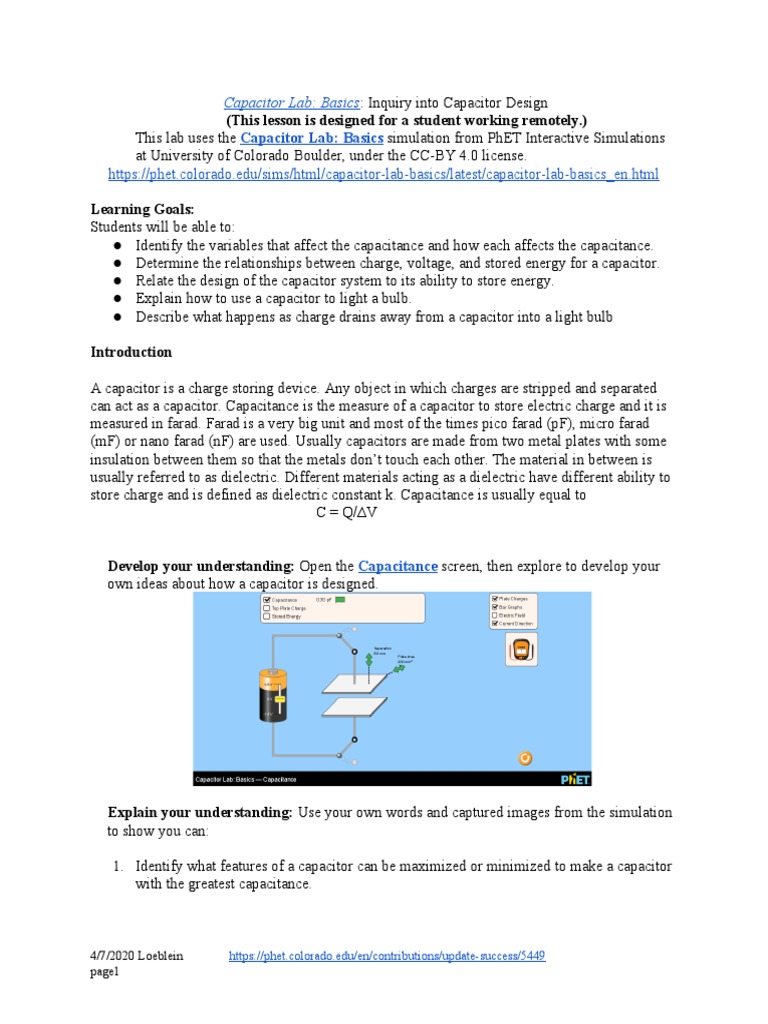 Capacitor Lab Basics Html Remote Lab Su2020 Pdf Capacitor Physics