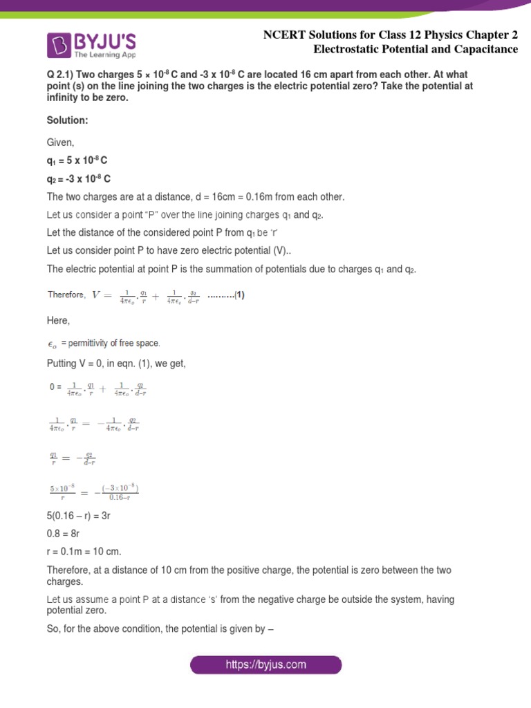 NCERT Solutions For Class 12 Physics Chapter 2 Electrostatic Potential and Capacitance | PDF ...