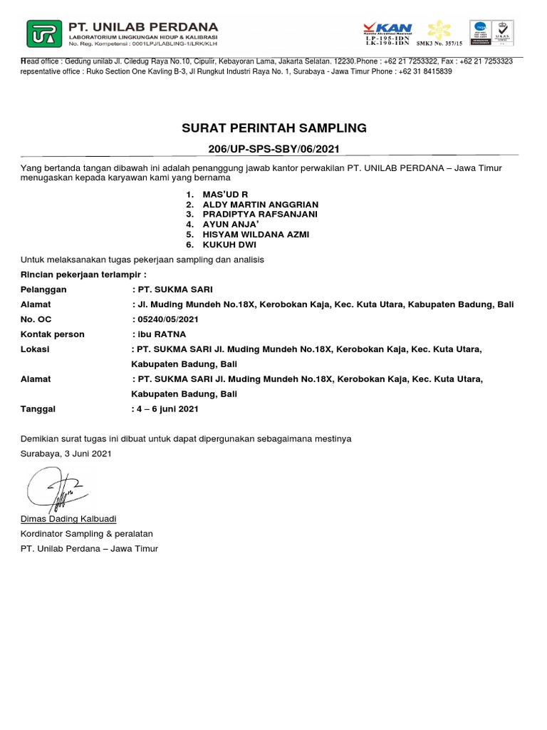 Surat Tugas Sampling PT. Sukma Sari | PDF