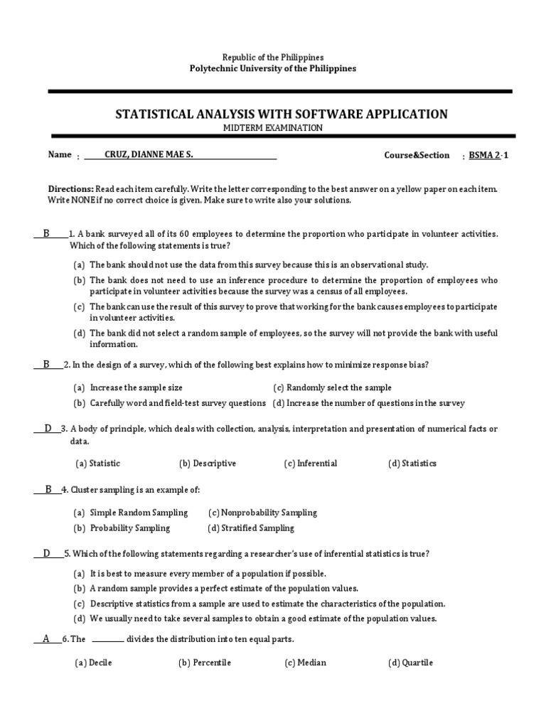 Cruz, D Stat-Midterm Bsma2-1 | PDF | Survey Methodology | Sampling (Statistics)