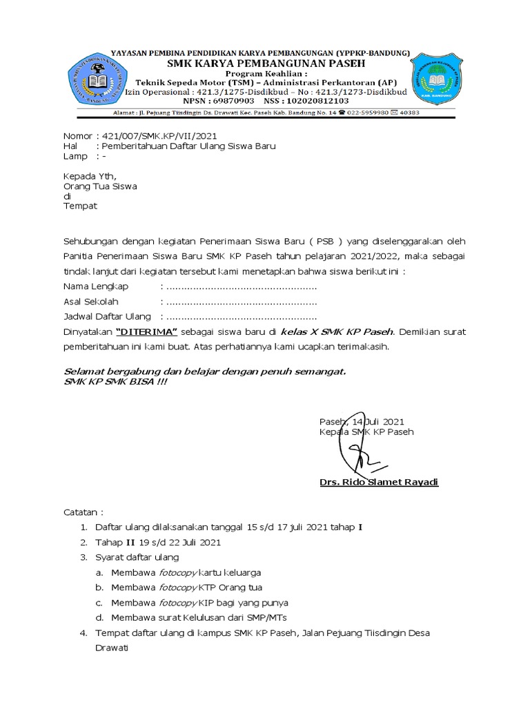 Surat Pemberitahuan PSB 2021 | PDF