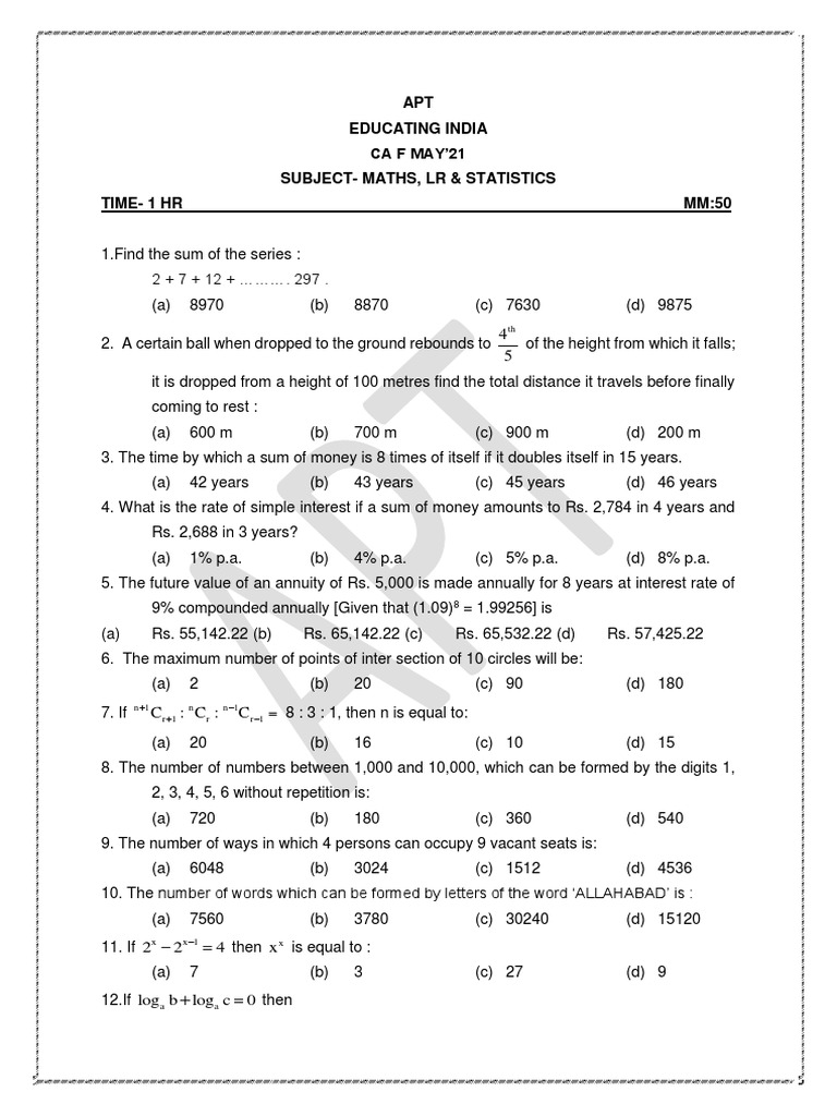 CA May 2021 Maths, LR & Stats Exam | PDF | Statistical Theory ...