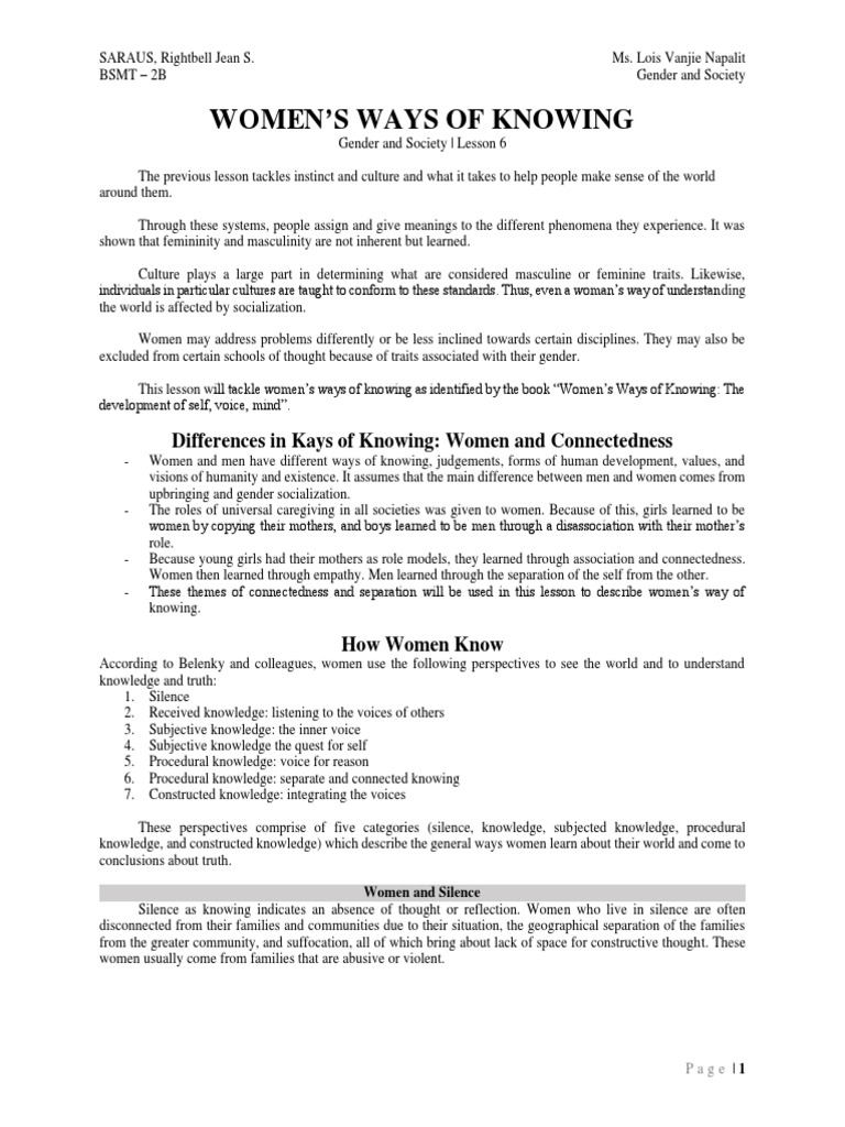 Lesson 6 - Women's Ways of Knowing | PDF | Gender | Gender Studies