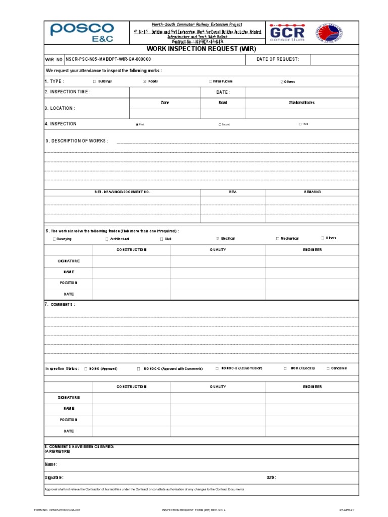 Work Inspection Request Form | PDF | Civil Engineering | Real Estate Law
