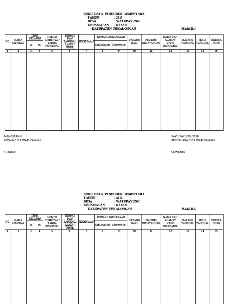 Format Buku Data Penduduk Sementara | PDF