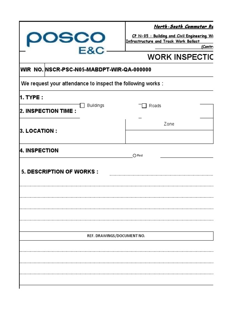 Work Inspection Request (Wir) : WIR NO. NSCR-PSC-N05-MABDPT-WIR-QA ...