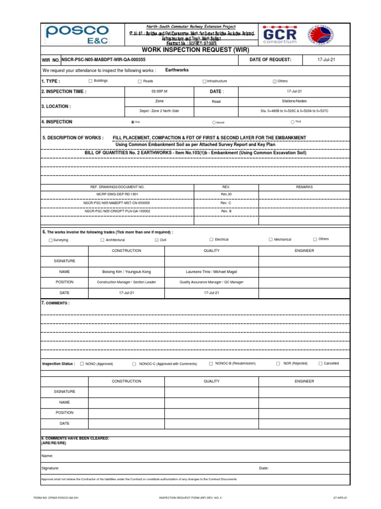 Work Inspection Request (Wir) : North-South Commuter Railway Extension ...
