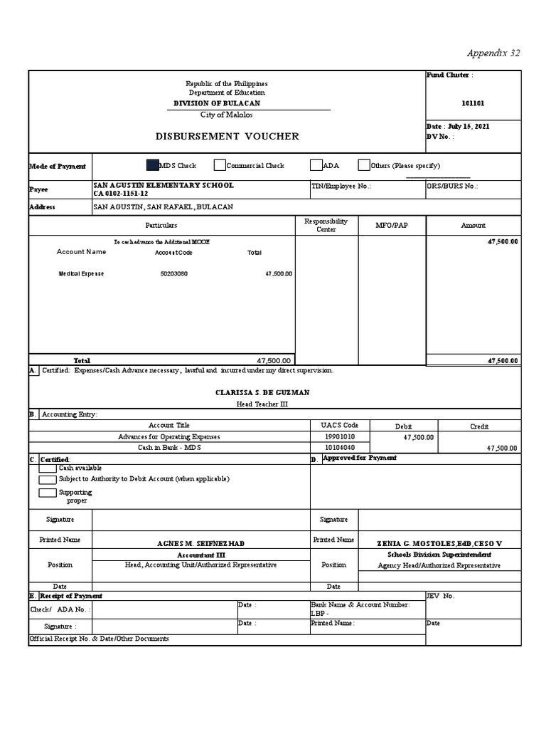 Disbursement Voucher: Appendix 32 | PDF | Payments | Cheque