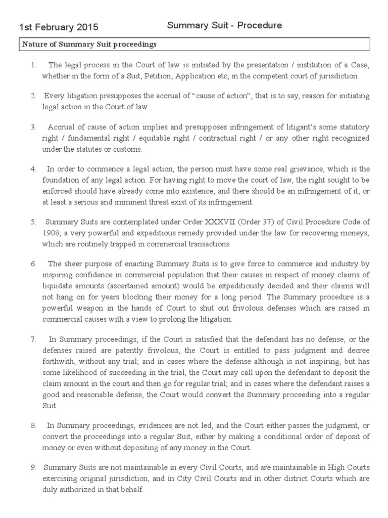 Procedure and Steps for Filing a Summary Suit Under Order 37 of the ...