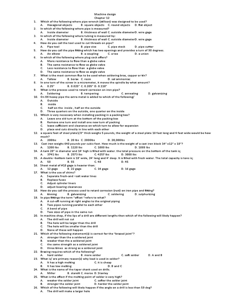 Machine Design Examination 12 | PDF | Soldering | Pipe (Fluid Conveyance)