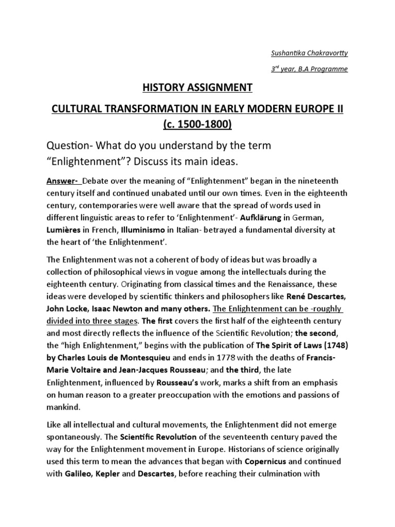 History Assignment Cultural Transformation in Early Modern Europe II (C ...