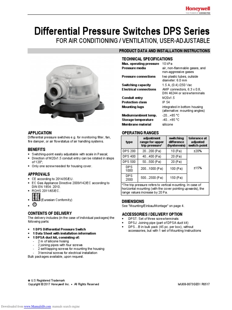 Differential Pressure Switches DPS Series: For Air Conditioning ...