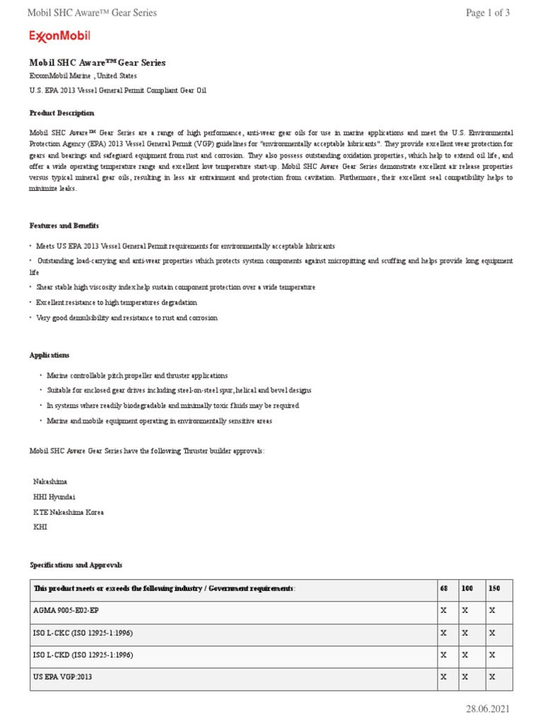 Mobil SHC Aware™ Gear Series: Product Description | PDF | Gear | Lubricant