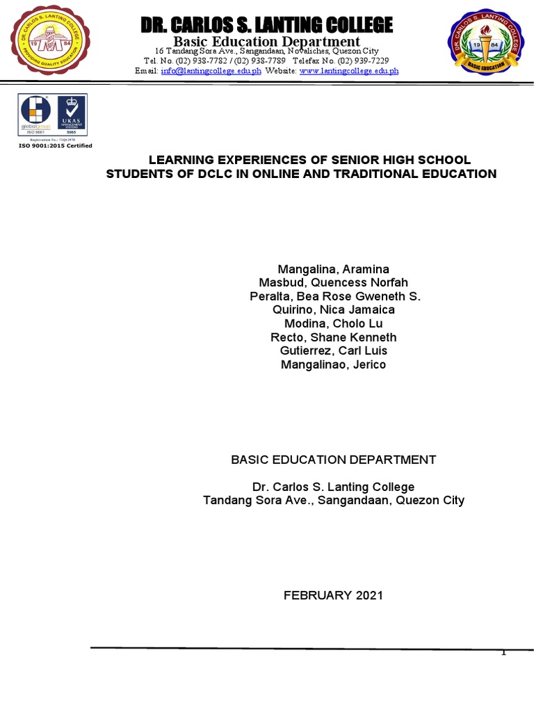 Learning Experiences of Senior High School Students of DCLC in Online ...