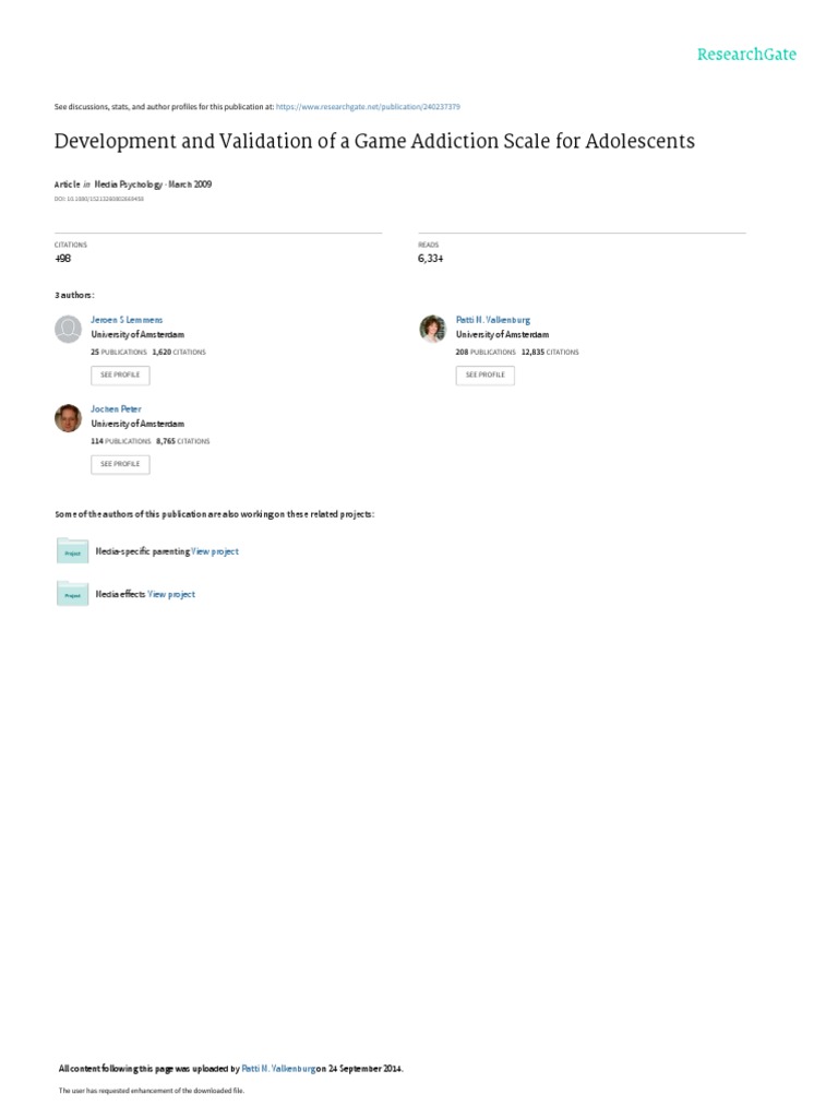 Development and Validation of A Game Addiction Scale For Adolescents ...