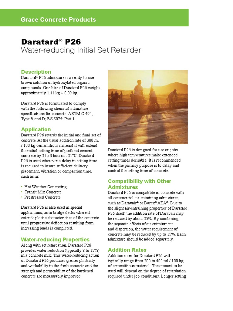Water-Reducing Initial Set Retarder: Daratard P26 | PDF | Concrete ...