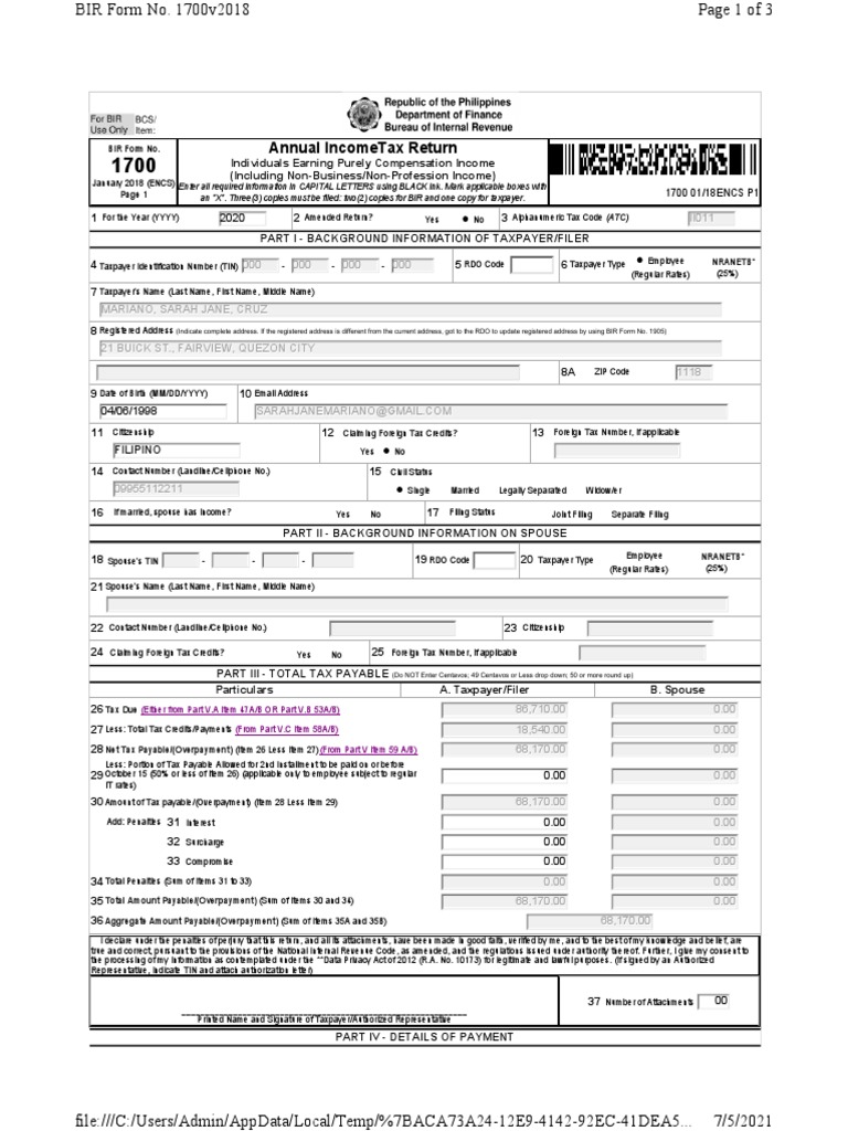 Bir Forms 1700 | PDF | Taxpayer | Taxes