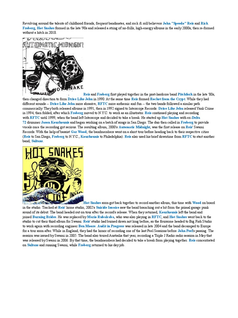 Hot Snakes Biography by Tim Sendra | PDF | Rock Music Groups | American ...
