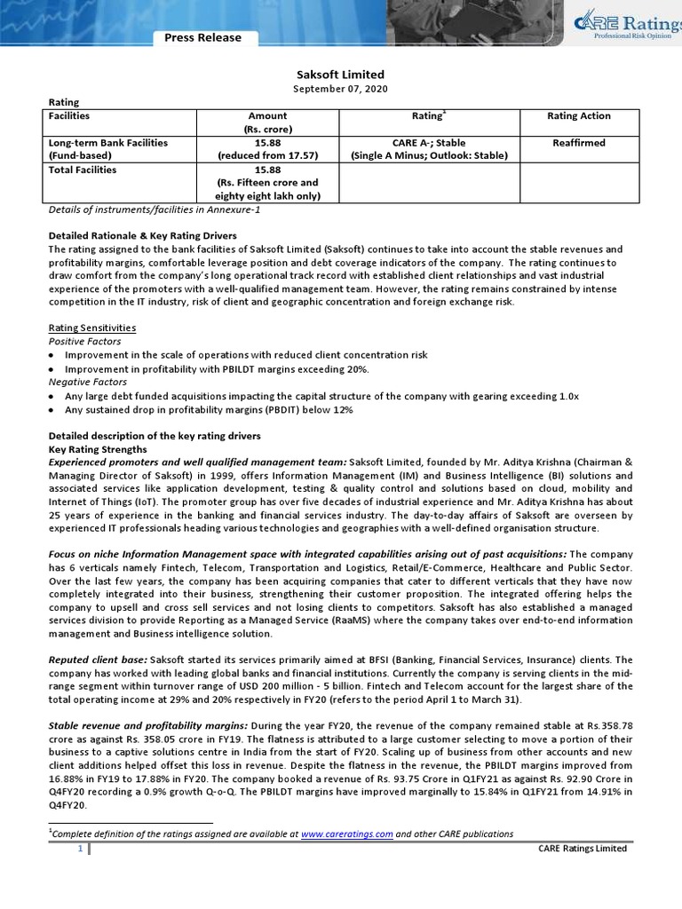 Press Release Saksoft Limited: Details of Instruments/facilities in Annexure-1 | PDF | Financial ...
