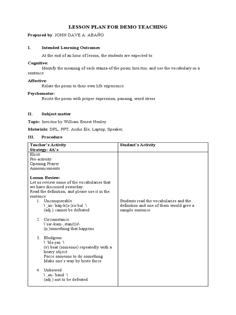 Lesson Plan For Demo Teaching | PDF | Psychological Concepts | Cognition