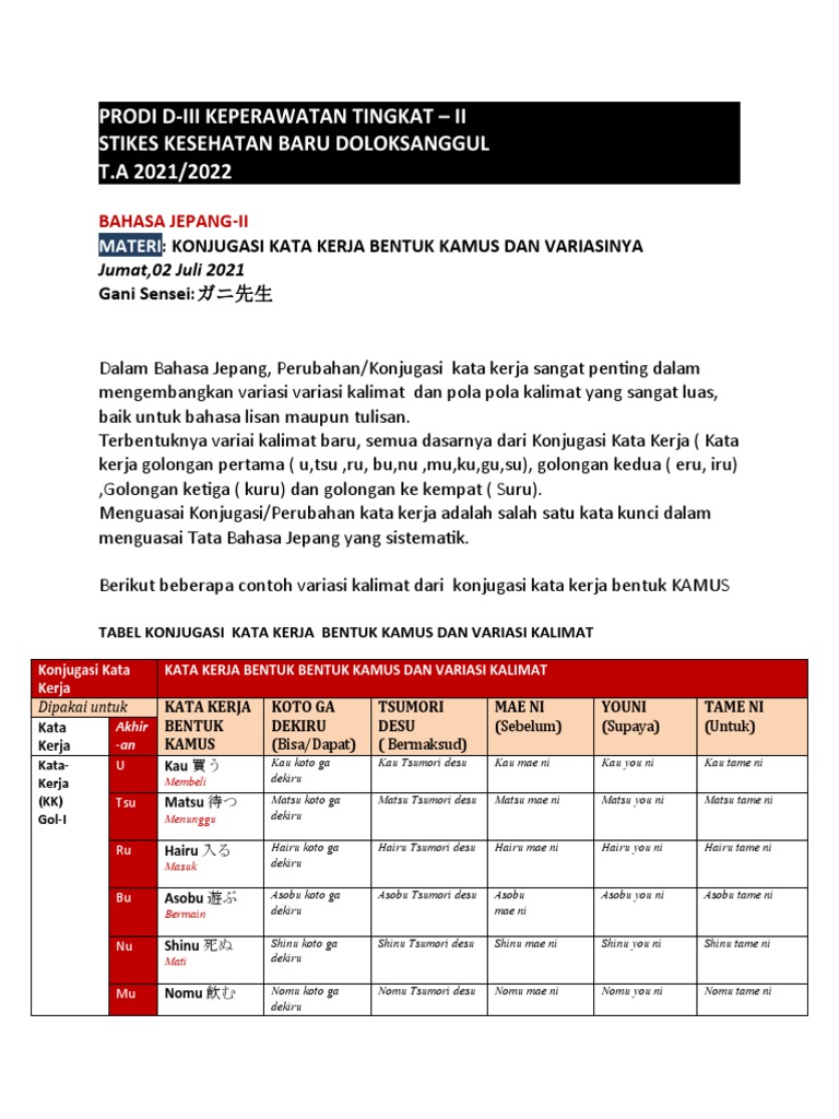 Materi Konjugasi Kata Kerja Bentuk Kamus Dan Variasinya | PDF