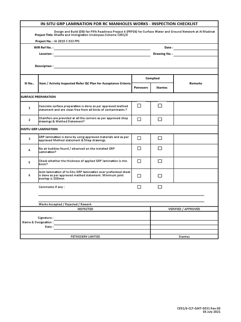 C8516-CLT-QMT-0031 - Rev-00 Inspection Checklist For GRP Lamination | PDF