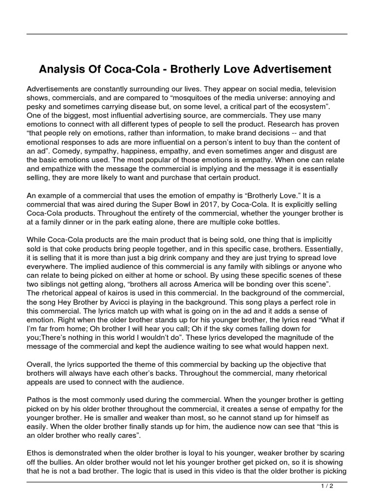 Empathy Through Brotherly Love: An Analysis of Coca-Cola's 2017 Super ...