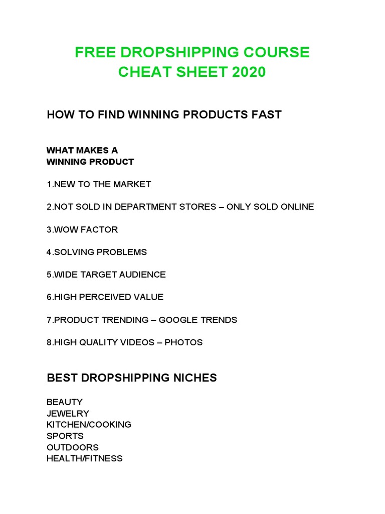 Free Dropshipping Course Cheat Sheet | PDF | Pay Pal | Facebook