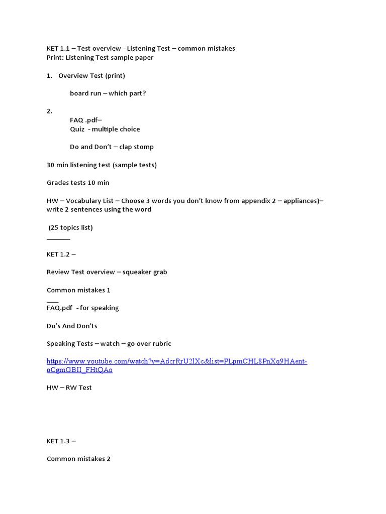 KET.1 - Lesson Plan - Overview and Listening Test | PDF