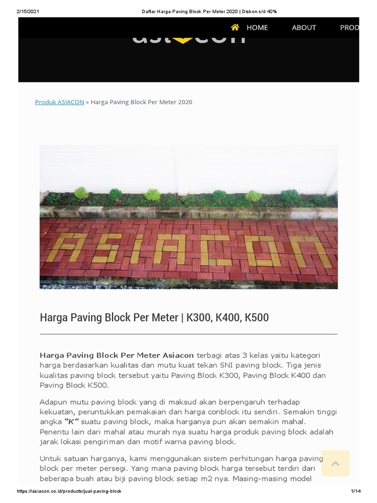 Asiacon Daftar Harga Paving Block Per Meter 2020 - Diskon S - D 40% | PDF