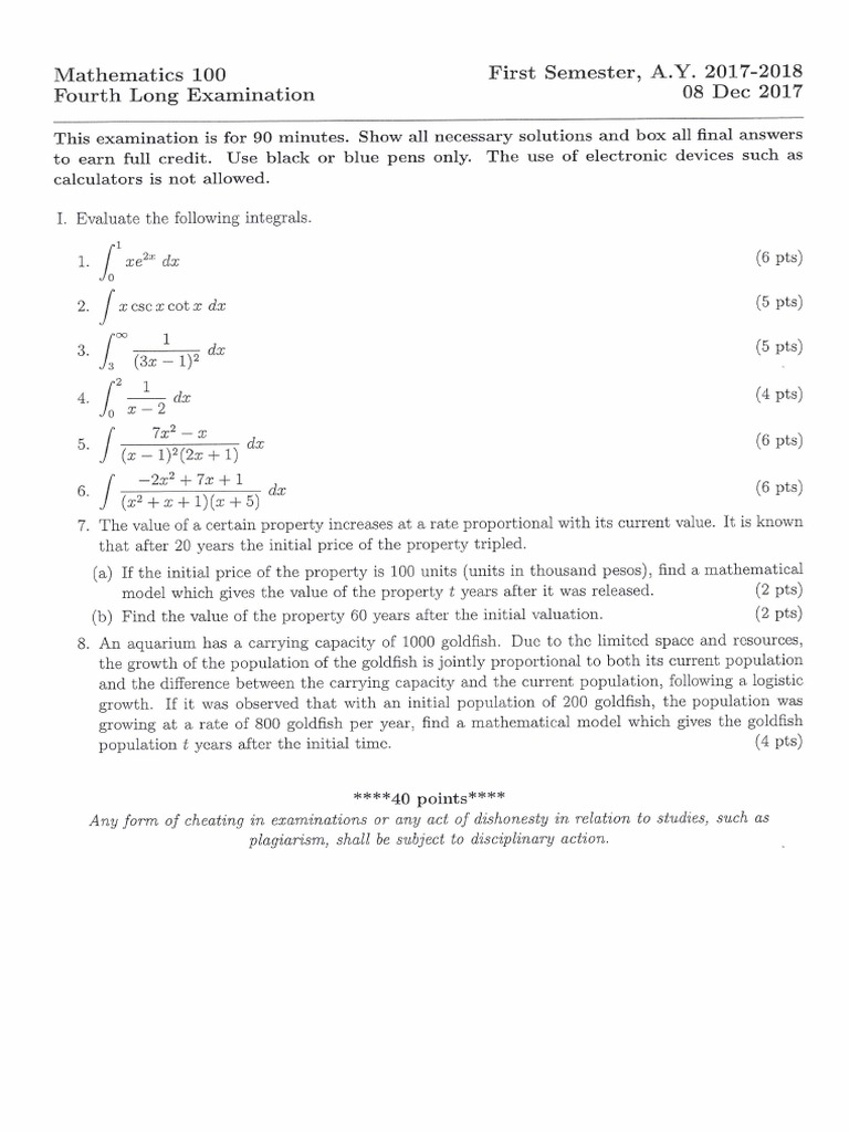 Math 100 Exam 4 + Answer Key | PDF