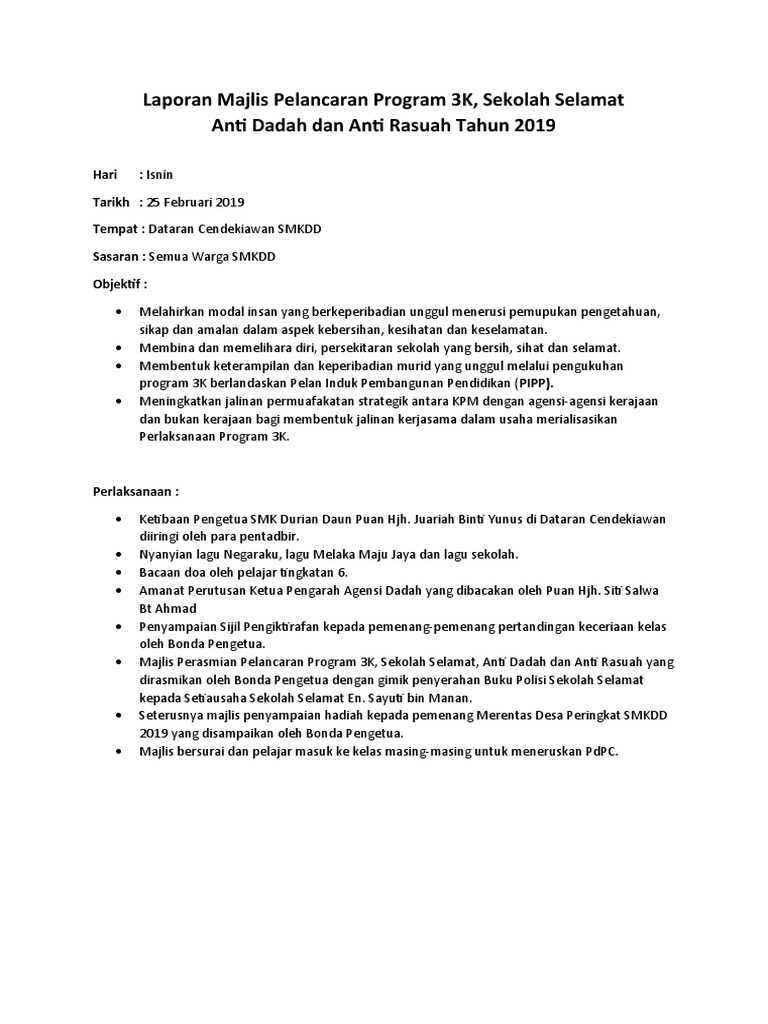 Laporan Majlis Pelancaran Program 3K | PDF