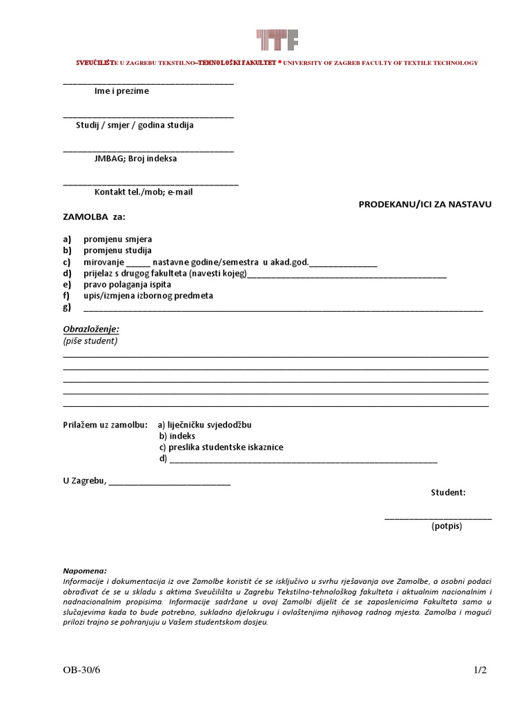 Zamolba Prodekanu Za Nastavu PDF | PDF