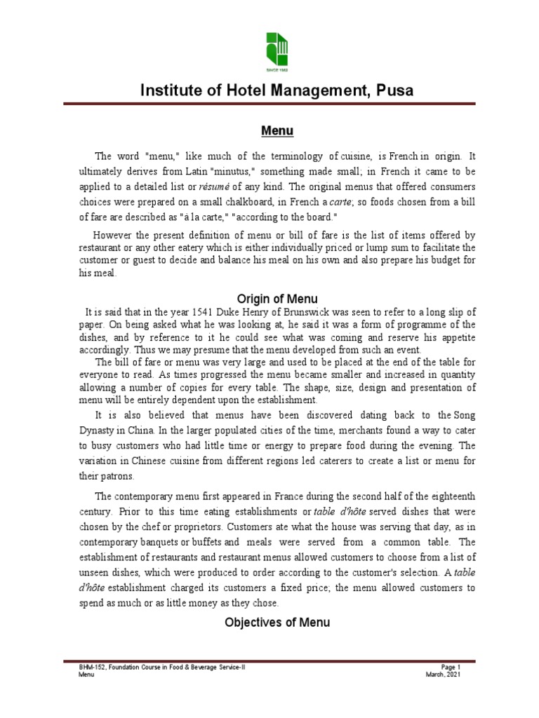 Institute of Hotel Management, Pusa | Download Free PDF | Menu | Lunch