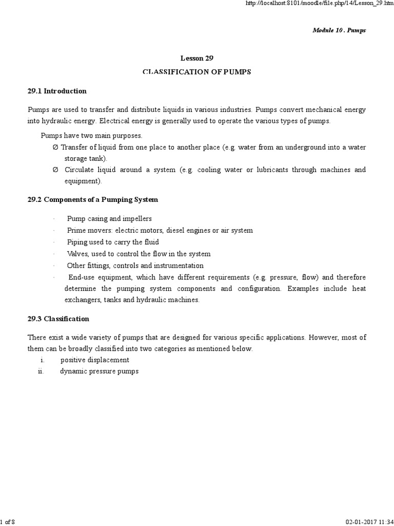 Classification of Pumps | PDF | Pump | Dynamics (Mechanics)