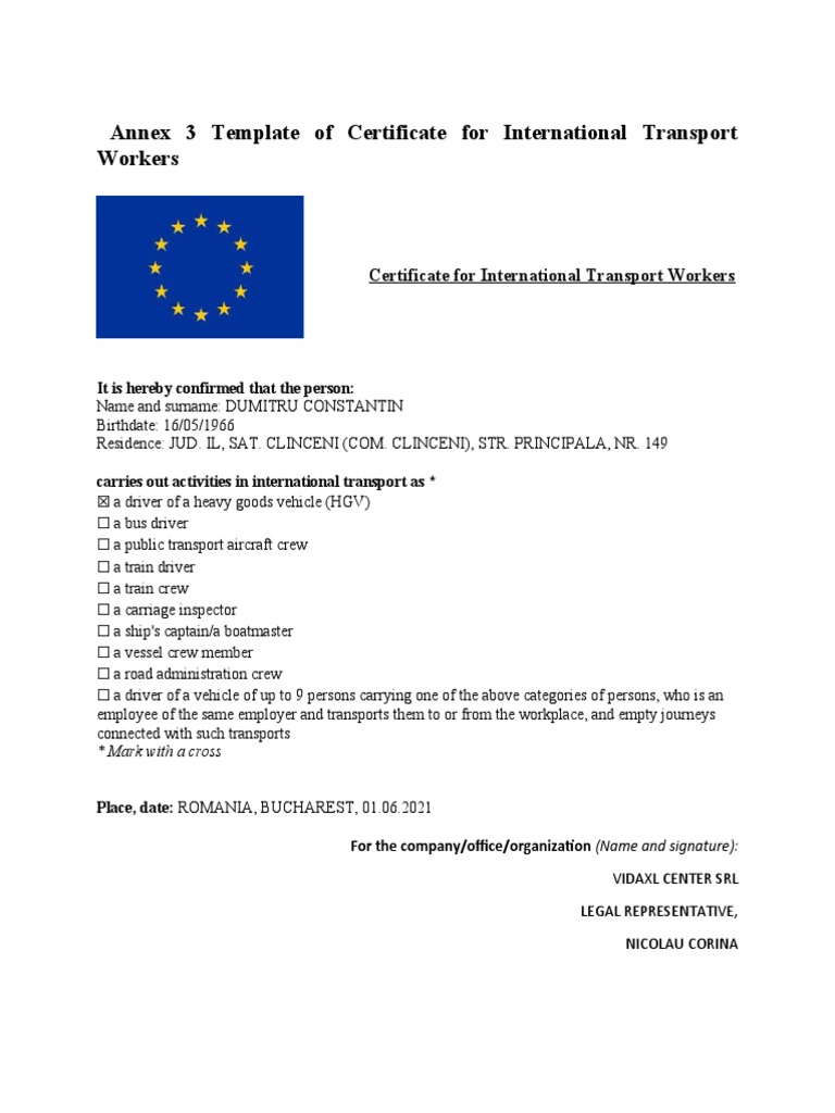 Annex 3 Template of Certificate For International Transport Workers | PDF
