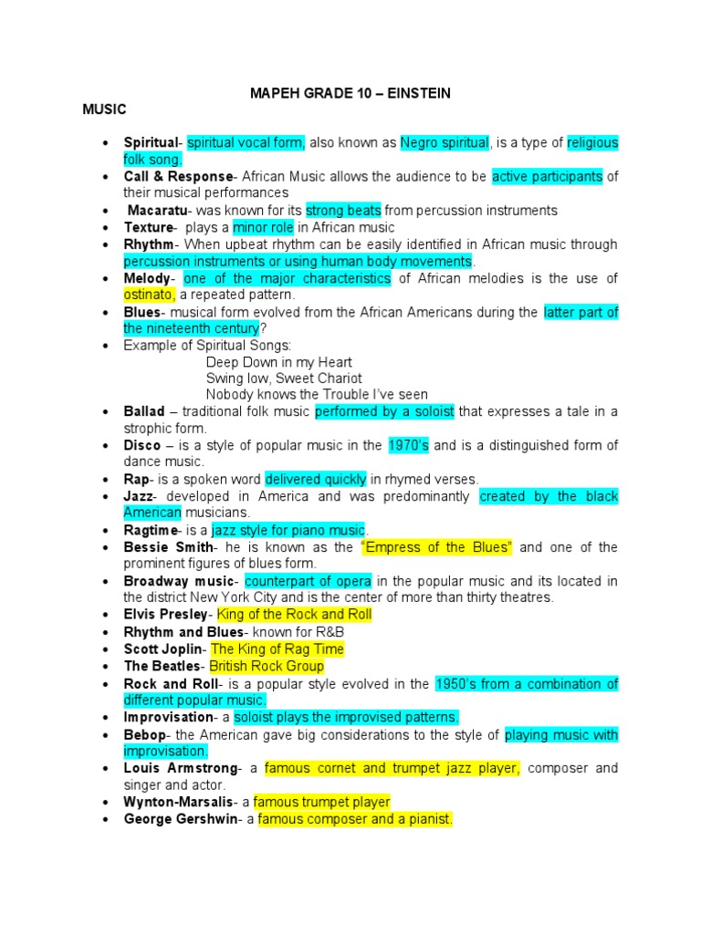 Mapeh Grade 10 Reviewer | PDF | Blues | Ragtime