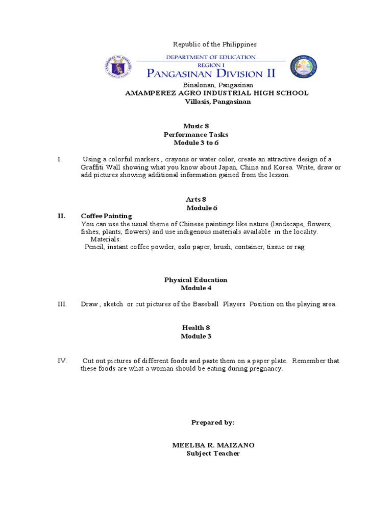 MAPEH Performance Tasks Overview | PDF