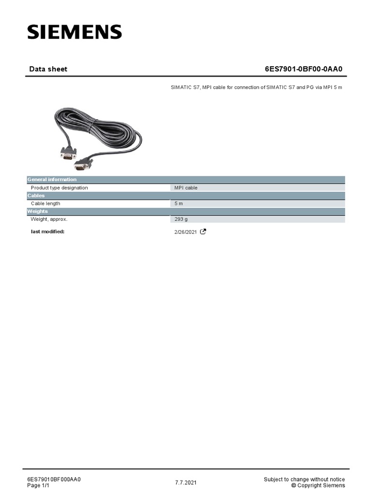 Data Sheet 6ES7901-0BF00-0AA0: SIMATIC S7, MPI Cable For Connection of SIMATIC S7 and PG Via MPI ...