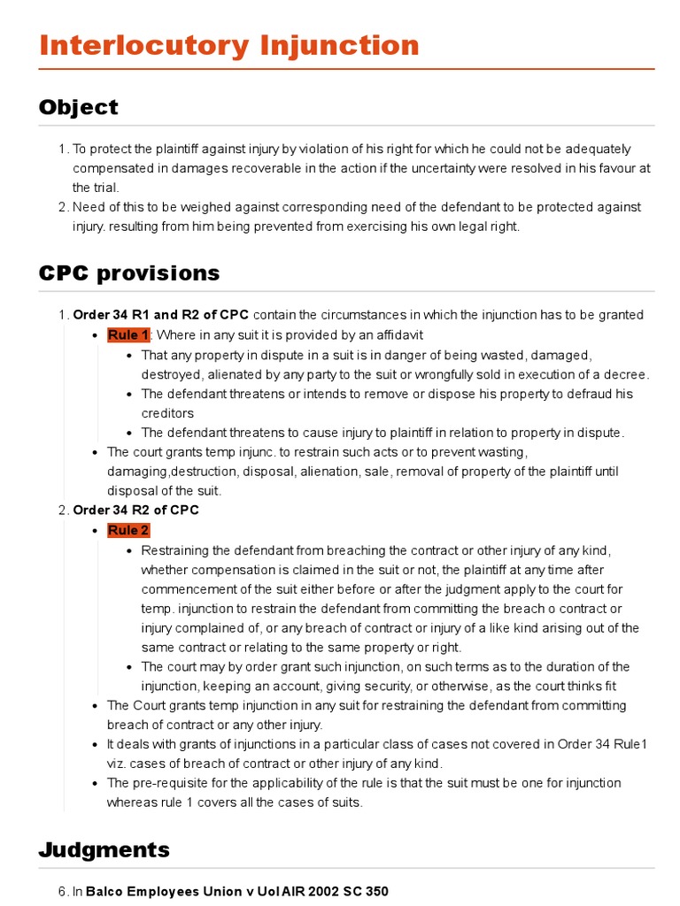 Interlocutory Injunction: Object | PDF | Injunction | Breach Of Contract