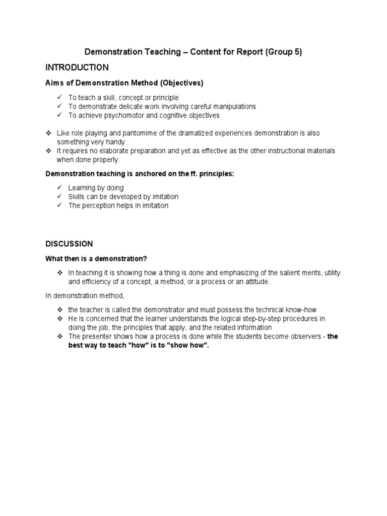 Demonstration Teaching - Content For Report (Group 5) : Aims of ...