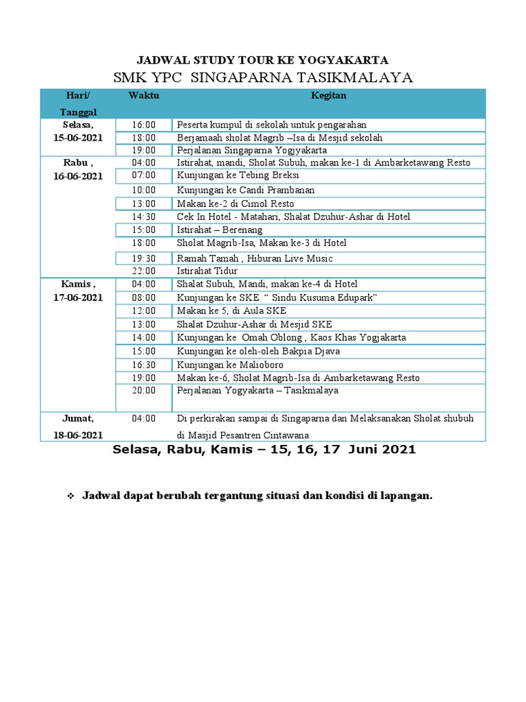 Jadwal Study Tour SMK YPC ke Jogja | PDF