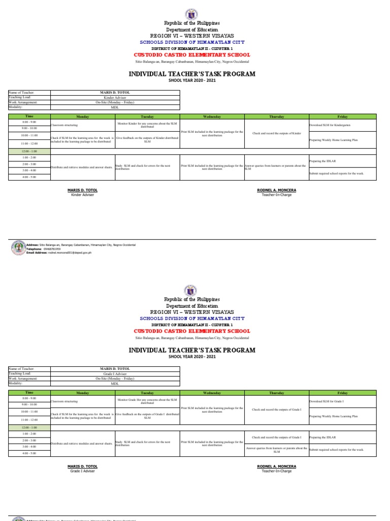 Individual Teacher'S Task Program: Custodio Castro Elementary School ...