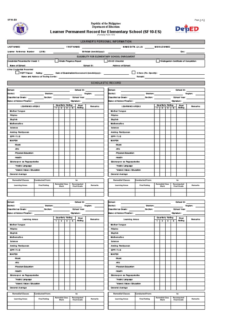 Learner Permanent Record For Elementary School (SF10-ES) : Learner'S ...