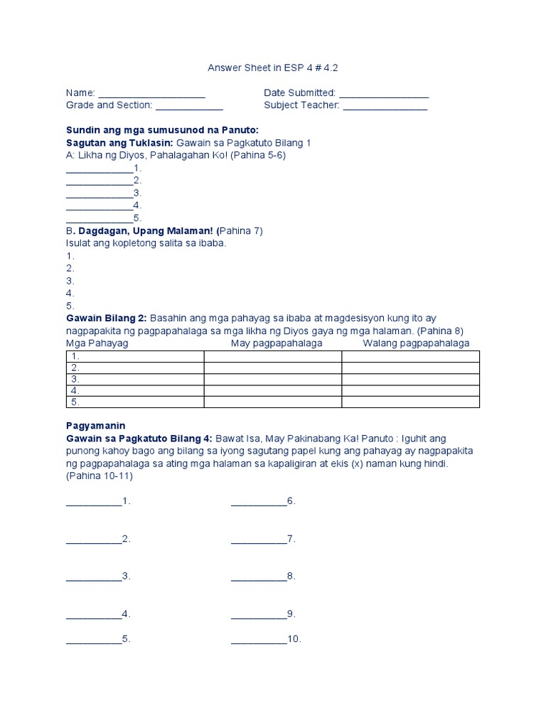 Answer Sheet in ESP 4 4.2 | PDF