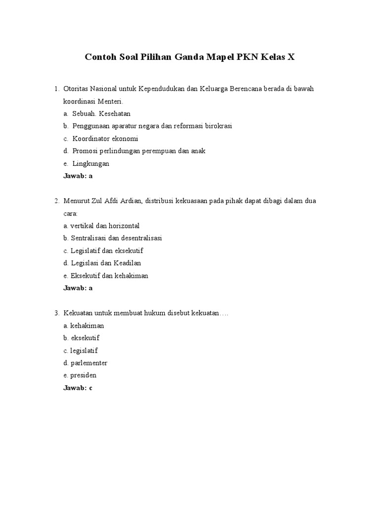Contoh Soal Pilgan PKN Kelas X, XI, XII | PDF | Politik | Ilmu Sosial